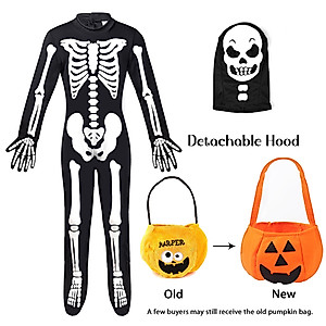 FAYBOX Skeleton Costume Glow in The Dark for Kids Toddler, Halloween Fortnite Onesie for Boy Girls with Pumpkin Candy Bag(10-12)