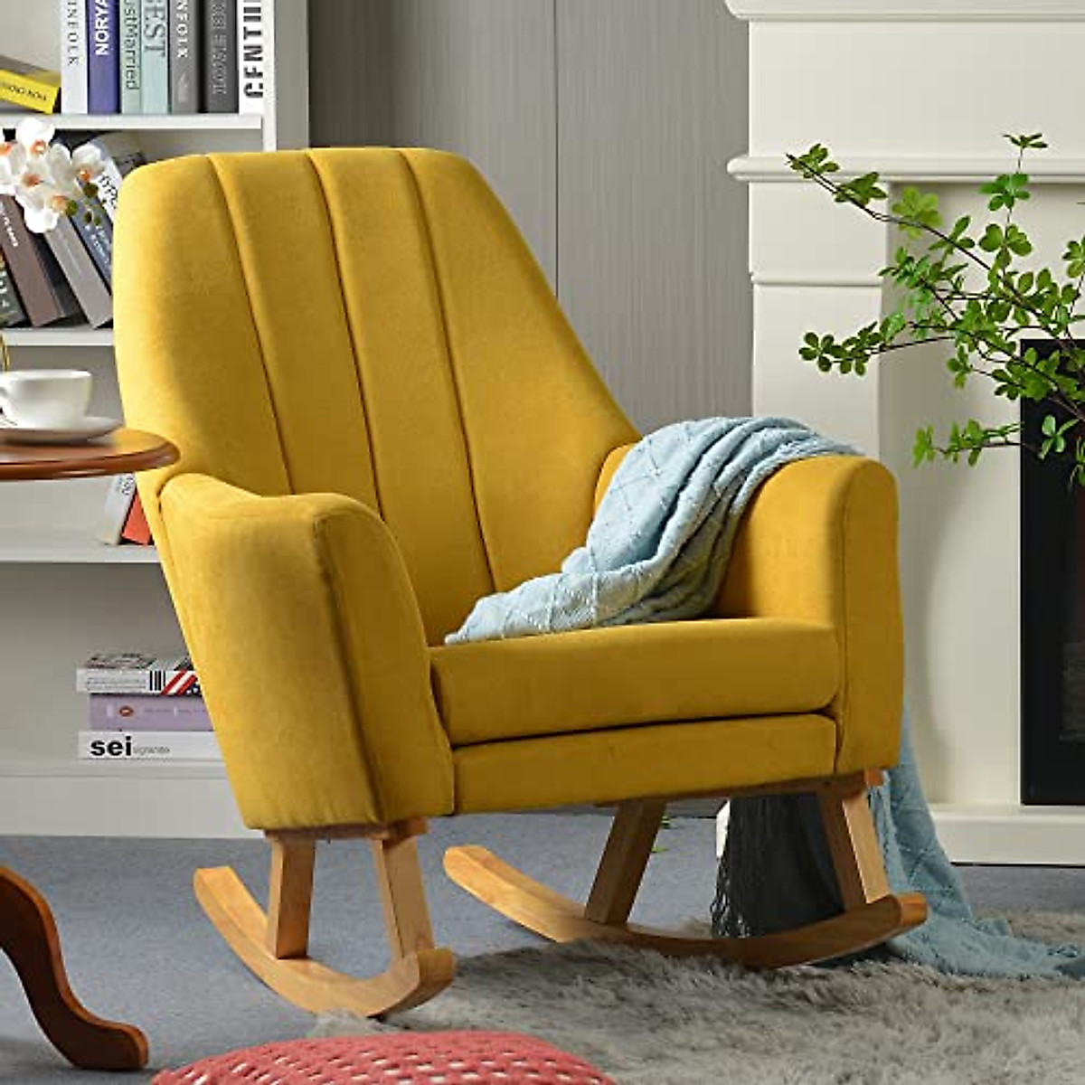 LETESA Nursery Rocking Chair Linen Fabric Upholstered Glider Rocker, Rocking Accent Chair Padded Seat with High Backrest, Armchair Comfy Side Chair for Living Room Bedroom Offices (Yellow)