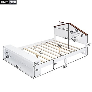 Full Size Platform Bed with House Shape Headboard and Storage Footboard for Kids, Solid Wood Kids House Platform Bed Frame with LED Lights and Sturdy Slat Support, Multi-storage Space (White+W)
