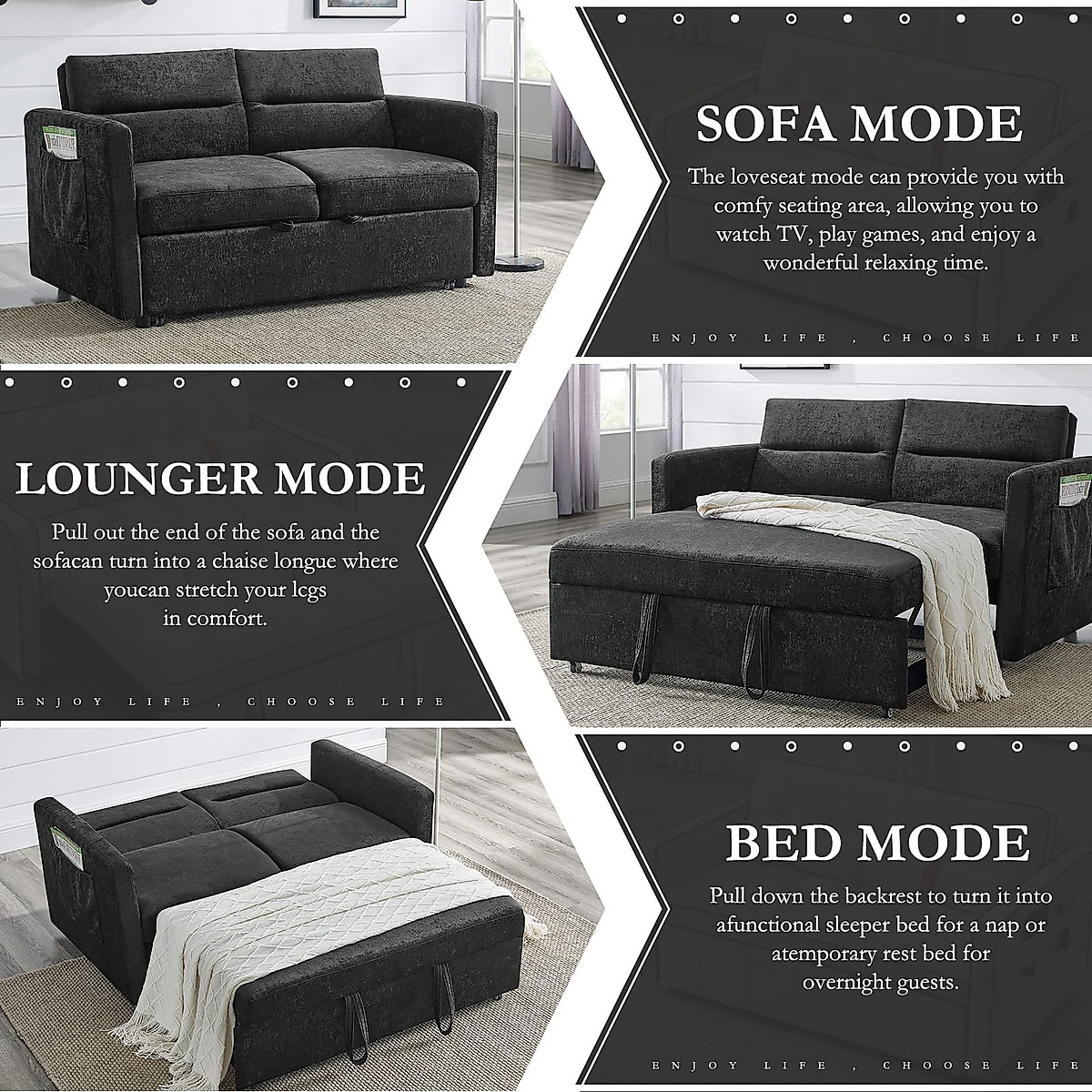 ROCKINGRUN 3 in 1 Sleeper Sofa Couch Bed, Chenille Tufted Pull Out Sofa Bed Convertible Loveseat Futon Sofa with Adjustable Backrest, Side Pocket and 2 Throw Pillows, for Living Room Bedroom (Black)