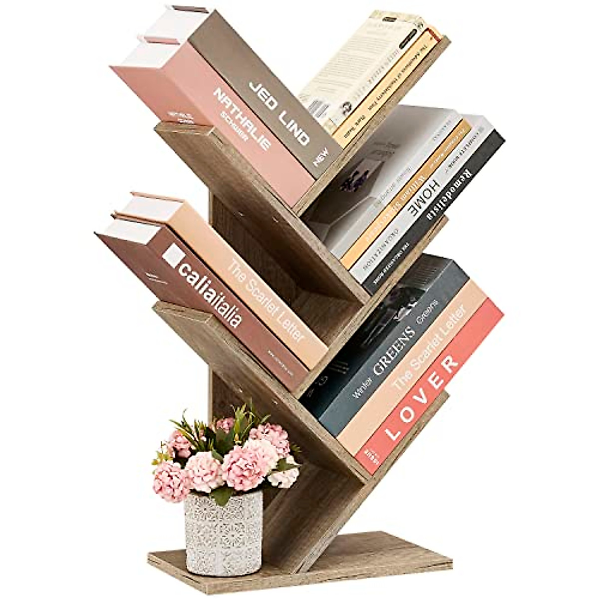 Hoctieon 4 Tier Tree Bookshelf, 4 Shelf Bookcase, Modern Book Storage, Free Standing Tree Bookcase, Utility Organizer Shelves for Home Office, Living Room, Bedroom, Greige