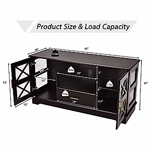 Tangkula Wood TV Stand with 2 Glass Door Cabinets, Media Console with Drawer & 2-Tier Adjustable Shelves, Living Room Entertainment Center for TVs up to 55 Inch, TV Console Table, Dark Brown