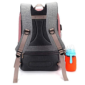 Loodial Diaper Bag Backpack with USB Charging Port for Bottle Warmer, Multifunction Travel Back Pack Maternity Baby Nappy Bags, Large Capacity, Waterproof and Stylish, Grey-Pink