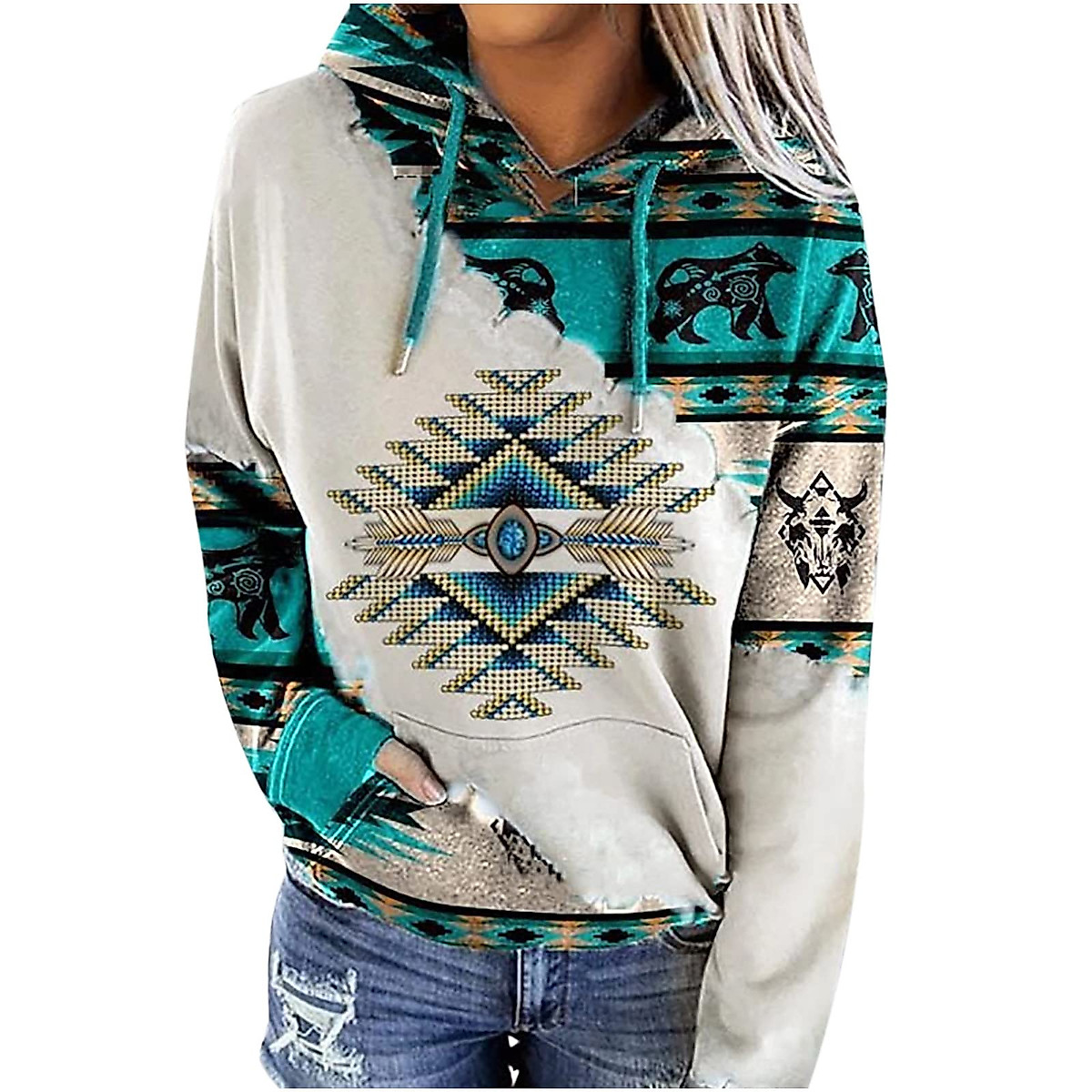 prime amazon big deal days Women's Western Aztec Ethnic Style Hooded Sweatshirts Casual Folk Pullover Long Sleeve Pocket Hoodies coat women Green XL