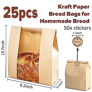 25Pcs Kraft Paper Bread Bags, Brown Bakery Bags for Homemade Bread & Food Packing Storage with Clear Window, Sourdough Loaf Bread Bags with Label Seal Stickers