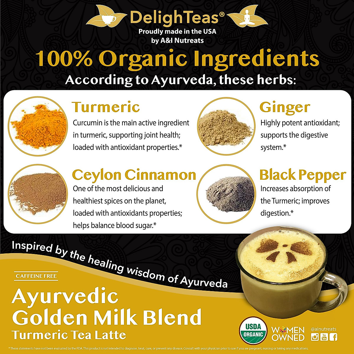 DelighTeas Organic Golden Milk Powder with Turmeric, Ginger, Ceylon Cinnamon | Ayurvedic Spices for Golden Turmeric Latte | Unsweetened, Vegan, Non-GMO, Keto | 120 Servings, 5 oz.