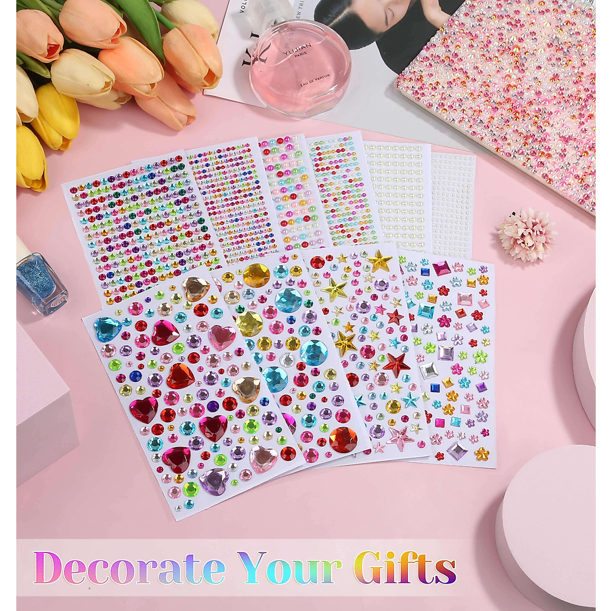 ROADPLUM 4100Pcs Gem Stickers for Crafts, 10 Sheets Self Adhesive Gemstones Pearl Jewels Stickers for Kids Crafts, Stick on Gems Pearls for Hair, Bling Rhinestone Stickers for Decoration