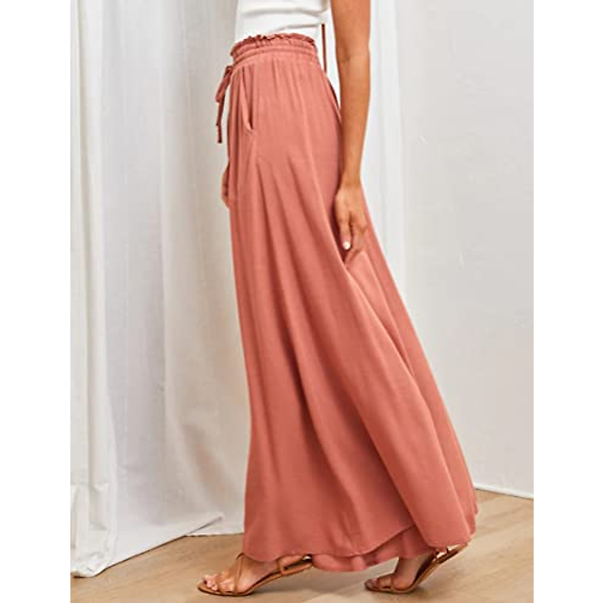 Xiaowhite Linen Pants for Women High Waisted Elastic Drawstring Wide Leg Trousers Casual Gaucho Beach Flowy Palazzo Pants for Women Dressy Spring Summer Boho Clothes Outfits 2023(Orange,XL)