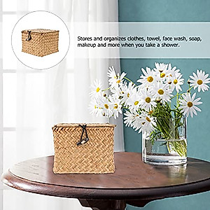 DOITOOL Basket Small Handwoven Rattan Storage Basket Seagrass Organizer Container with Lid Shelf Baskets with Lid Desktop Makeup Organizer Multipurpose Container (10x10x10cm) Small Basket