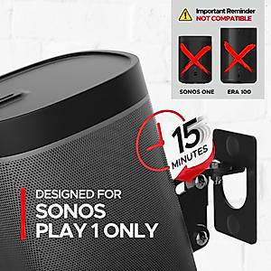 Play 1 Wall Mount, Black, Pair, Compatible with Sonos Play:1 Only, Twin Pack, Adjustable Swivel & Tilt Mechanism, 2 Mounting Brackets Includes All Fixings