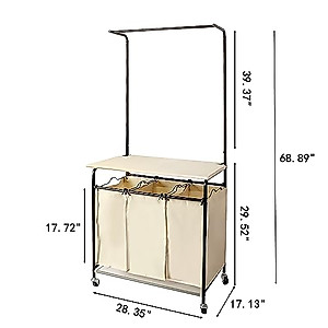 MYOYAY 3 Section Laundry Sorter with Garment Hanging Bar Rack Foldable Ironing Board, Laundry Basket Organizer Heavy Duty Laundry Hamper Rolling Cart with Lockable Wheels and 3 Removable Bags