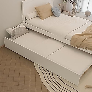Xilingol Trundle Bed Twin, Solid Wood Bed Frames with Headboard and Wooden Slats Support, Twin Trundle Bed Frame Roll Out, Single Box Bed (No Box Spring Needed), White
