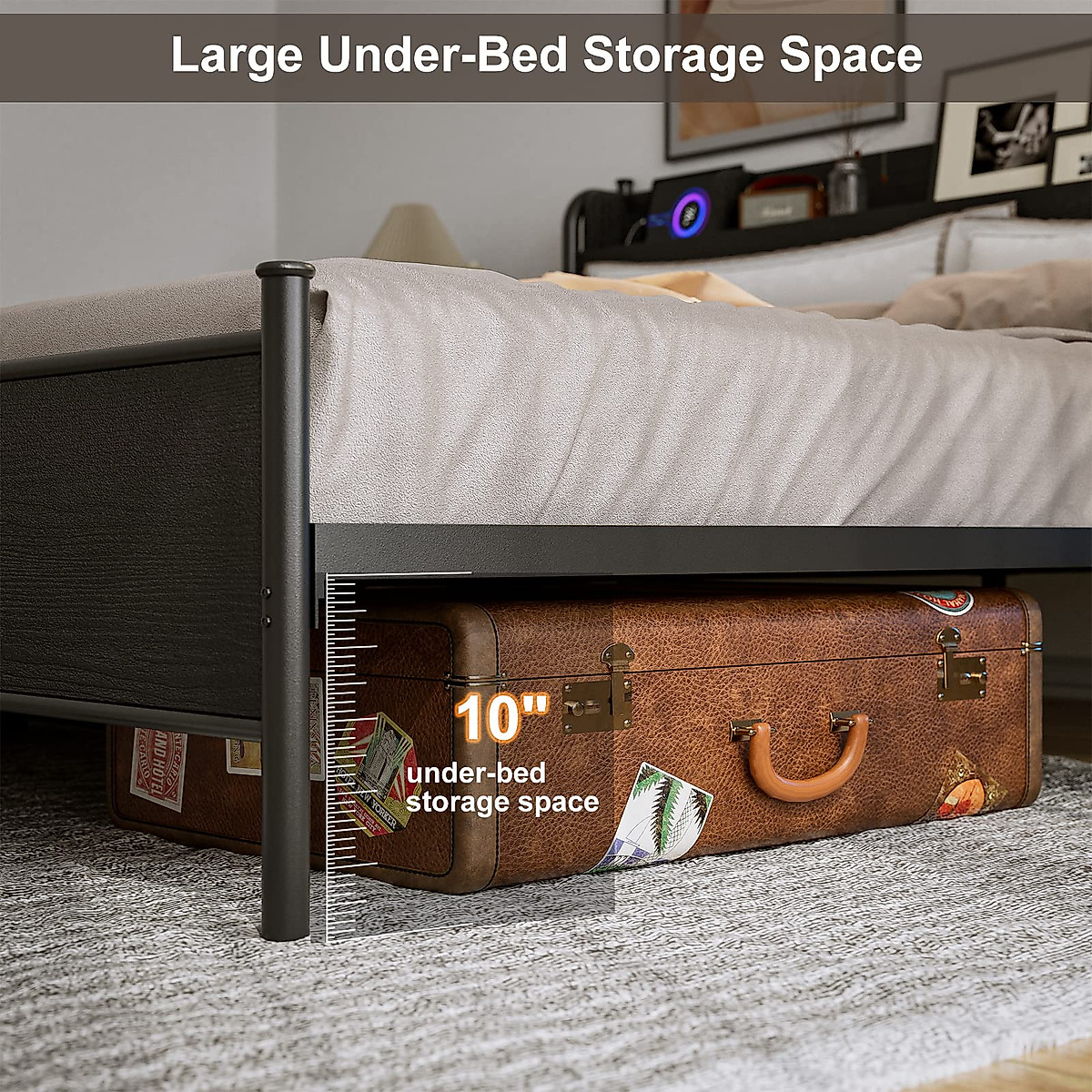 IKIFLY Queen Bed Frame with Storage Shelf Headboard & Charging Station - Metal LED Platform Bed with Strong Steel Slats, No Box Spring Needed, Noise Free, Industrial Vintage Design - Black