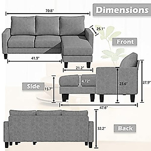 YESHOMY Convertible Sectional 3 L-Shaped Couch Soft Seat with Modern Linen Fabric, Small Space Sofas for Living Room, Apartment and Office, 70'', Gray