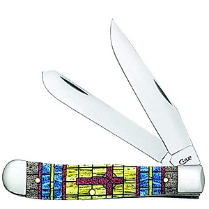 Case WR XX Pocket Knife Trapper Stained Glass Cross Natural Bone Color Wash Item #38713 - (6254 SS) - Length Closed: 4 1/8 Inches