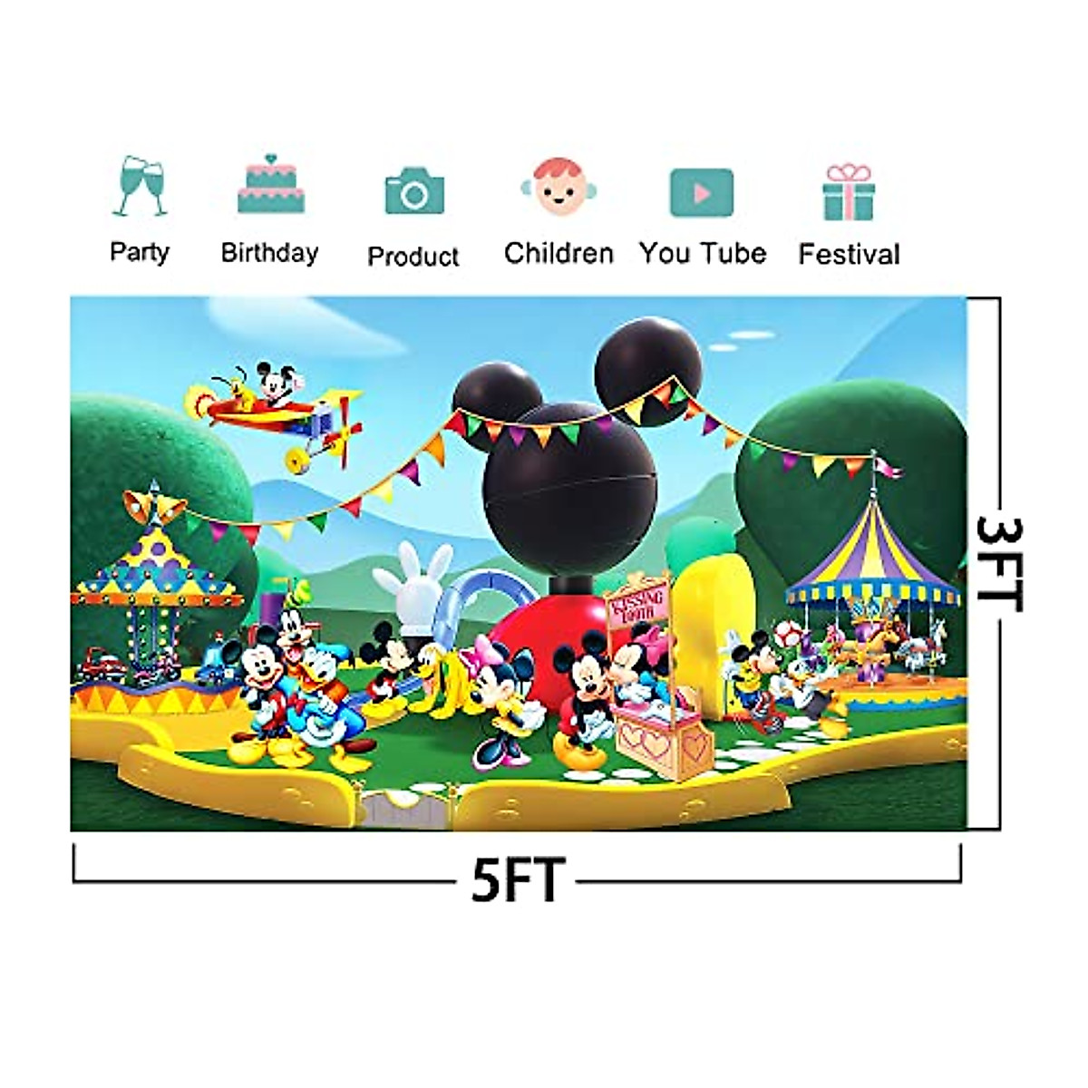FQFMJDM Mickey Mouse Clubhouse Backdrop for Birthday Party Decorations Park Baby Shower Background Cake Table Supplies Theme Banner 5x3ft