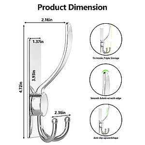 VINHOLD Metal Wall Mounted Towel Hooks, Self-Adhesive Coat Hooks with Tri Hooks for hanging towels, coats, hats, pans, Utility Hooks for bathrooms, bedrooms,kitchens(2 pack，glossy)