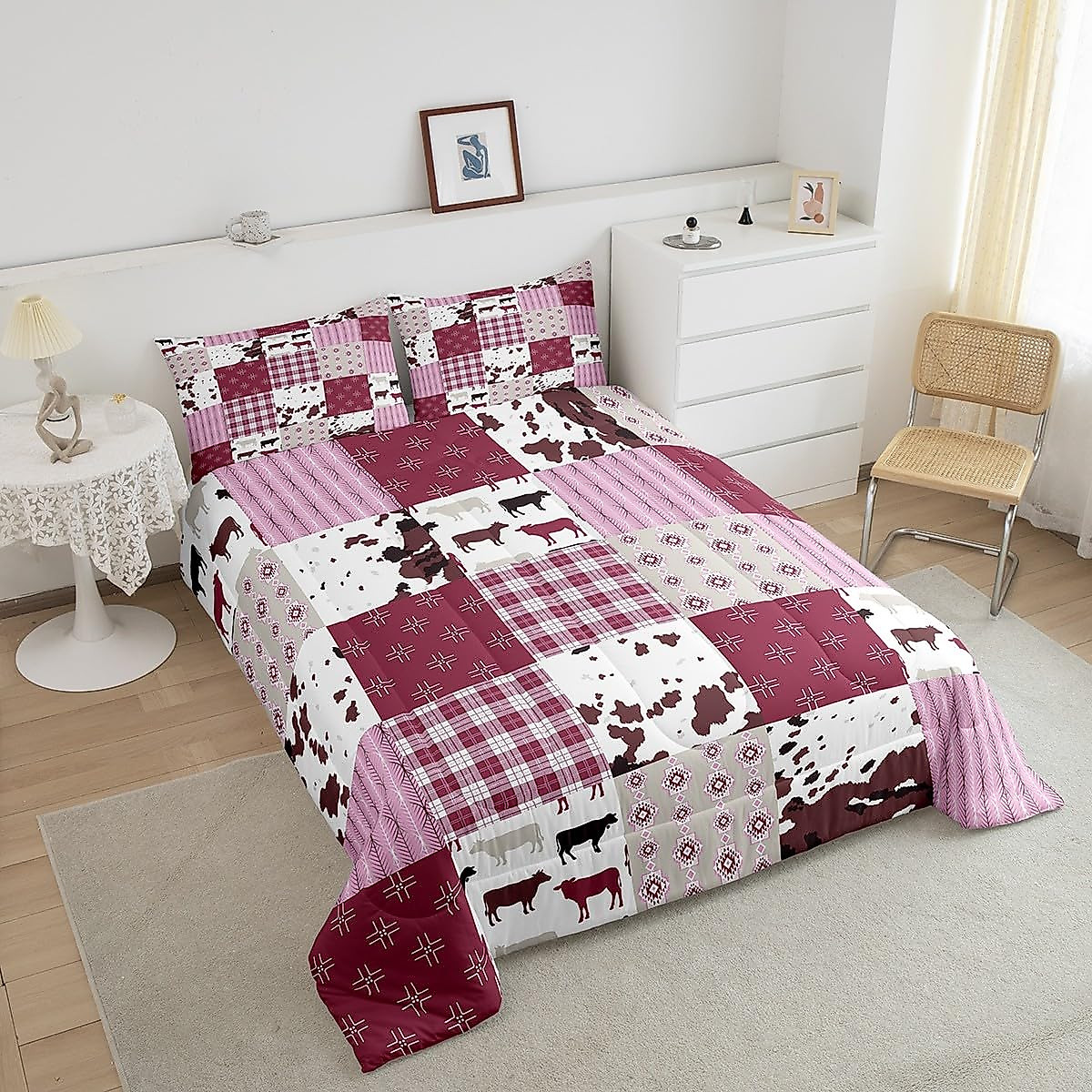 Feelyou Cow Print Comforter Set for Kids Boys Girls Cartoon Milk Cow Comforter Twin Size Farmhouse Cowhide Bedding Set Bedroom Decor Pink White Duvet Set Animal Quilt Set 2Pcs