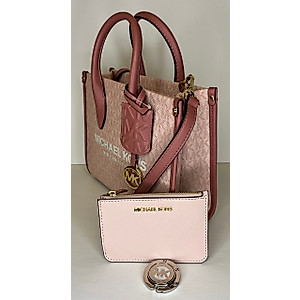 Michael Kors Mirella Small Shopper Top Zip Bag bundled SM TZ Coinpouch Purse Hook (Pink MK Signature)