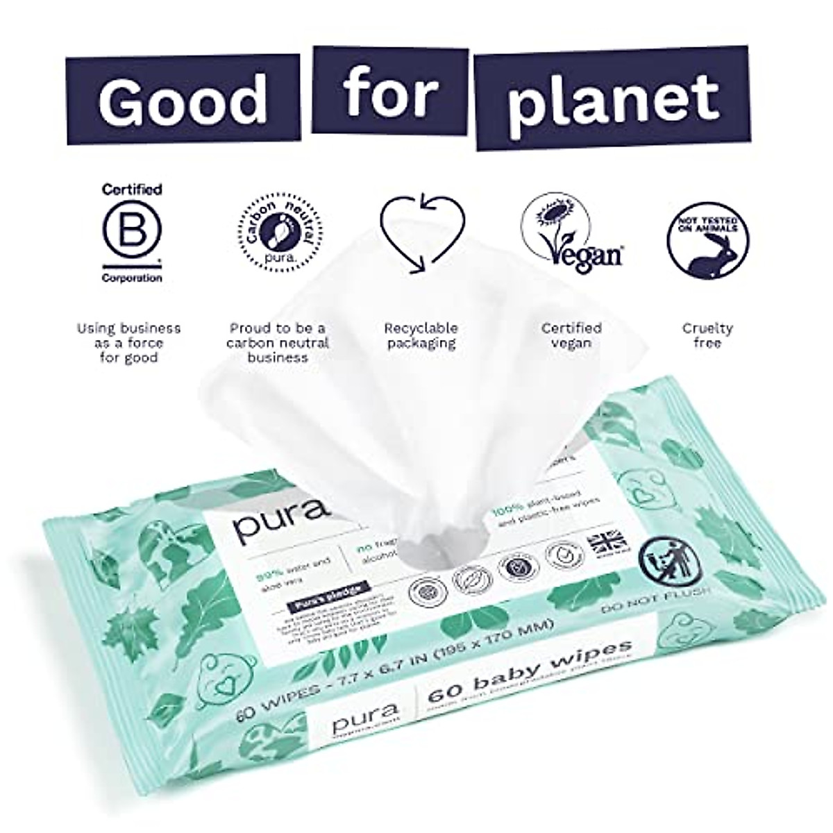 Pura Baby Wipes, 100% Plastic-Free & Plant Based Wipes, 99% Water, Suitable for Sensitive & Eczema-prone Skin, Fragrance Free & Hypoallergenic, Cruelty Free, EWG Verified, 1 Pack of 60 Wet Wipes