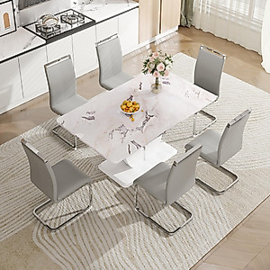 HomVent 63” Contemporary Style Rectangle Kitchen Table with 6 Faux Leather Chair, Dining Room Table with Wood U-Base, Simplistic Kitchen Table Dining Table (White w/ 6 Light Gray Chair)