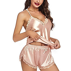Avidlove Women's Sexy Silk Satin Pajamas Sets Lace Trim Cami Tops Shorts Sleepwear Champagne Medium