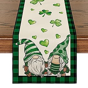 Artoid Mode Buffalo Plaid Gnomes Green Heart Shamrock St. Patrick's Day Table Runner, Seasonal Spring Holiday Kitchen Dining Table Decoration for Indoor Outdoor Home Party Decor 13 x 72 Inch