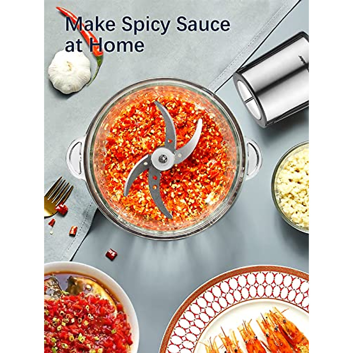 Meat Grinder Food Processor Chopper Electric Homeleader 8 Cup BPA-Free Glass Bowl Fast & Slow Speeds 4 Stainless Steel Blades Powerful 400W Pure Copper Motor for Vegetables, Lean Meat, Onion, Nuts, etc.