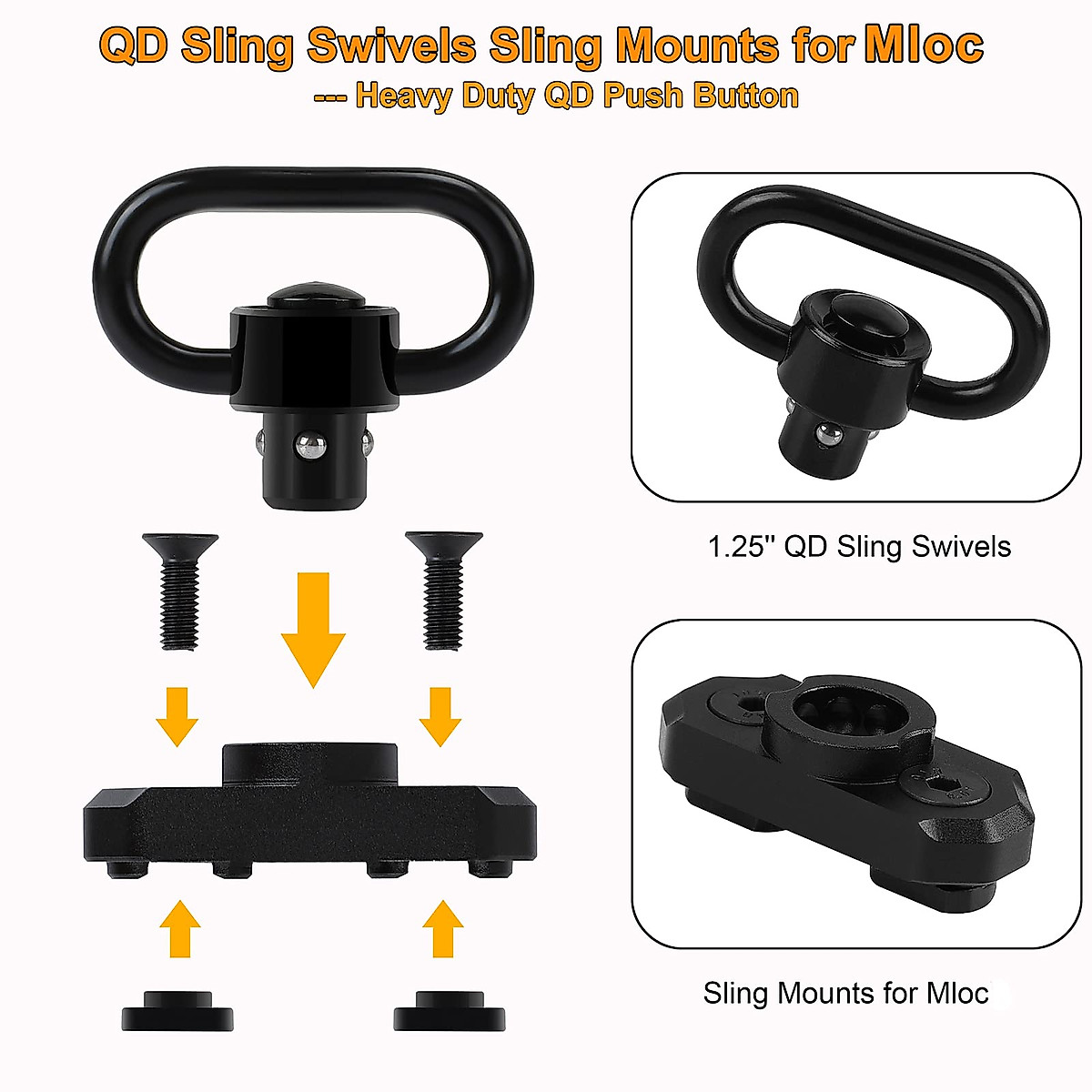 REERON 2 Point Sling & Mloc Sling Mount - Adjustable Extra Long Two Point Traditional Rifle Sling with 2 Pack 1.25" QD Sling Swivels Mounts for M Lock Rail System (2 Pack Mloc Sling Mounts)