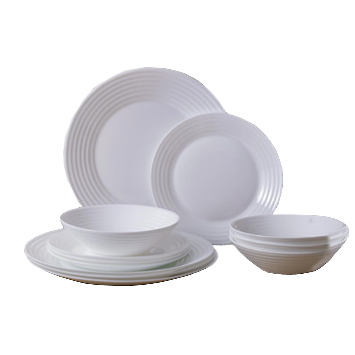 Blueniya 12 Piece White Opal Dinnerware Set, Opal Dinner Set, Kitchen Non-Toxic, Scratch & Chip Resistant, Microwave, Dishwasher Safe - 4pc Dinner Plate, 4pc Salad Plate, 4pc Cereal Bowl