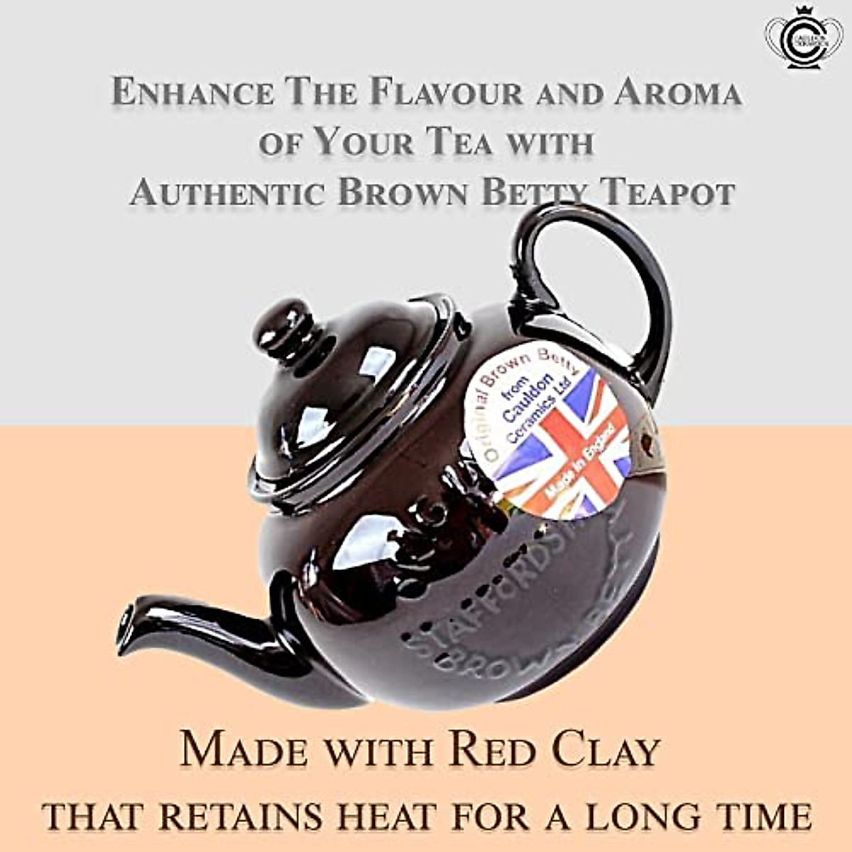 Cauldon Ceramics Classic Brown Betty Teapot | Hand Made 4 Cup Brown Betty Teapot with Logo | Made with Staffordshire Red Clay | Traditional Teapot | Authentic, Made in England Teapot | 36 fl oz