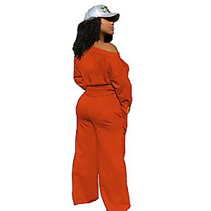 TOPSRANI Women's 2 Piece Outfits Casual Solid Sweatsuits Baggy Long Sleeve Loose Matching Wide Leg Tracksuit Pants Sets Orange L