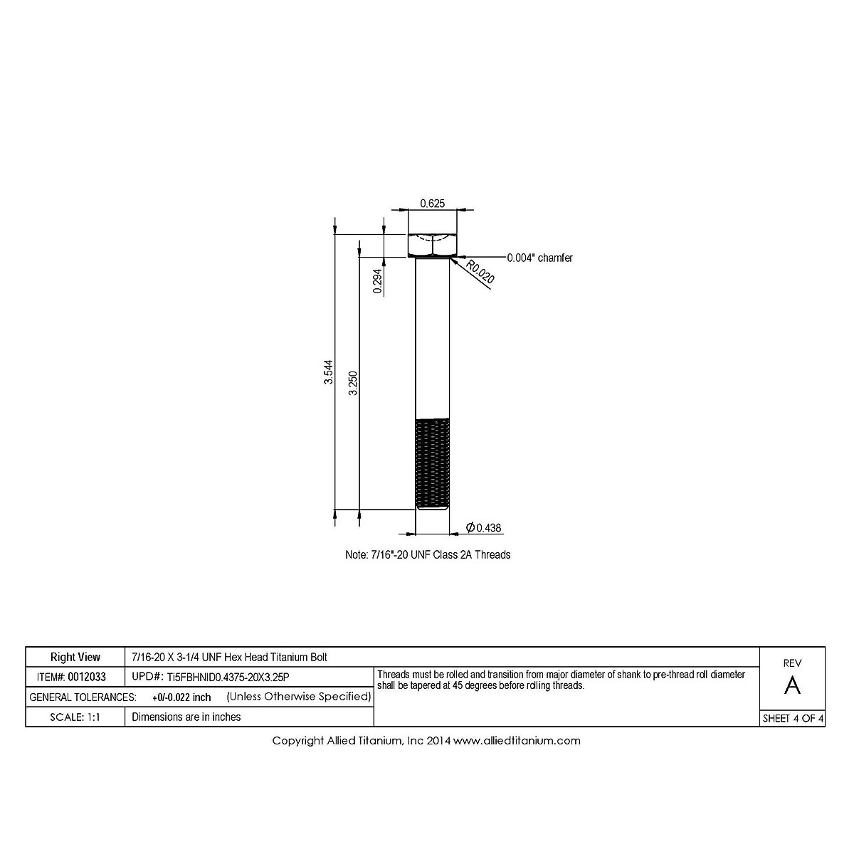 Allied Titanium 0012033, (Pack of 2) 7/16-20 X 3-1/4 UNF Titanium Hex Head Bolt, Grade 5 (Ti-6Al-4V)