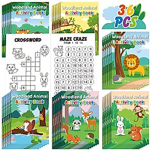 36 Pcs Mini Activity Books for Kids Party Favors Woodland Animals DIY Game Books Set with Coloring, Mazes, Word Scramble, Find Difference and More for Goodie Bag Gift Stuffer Classroom Activity