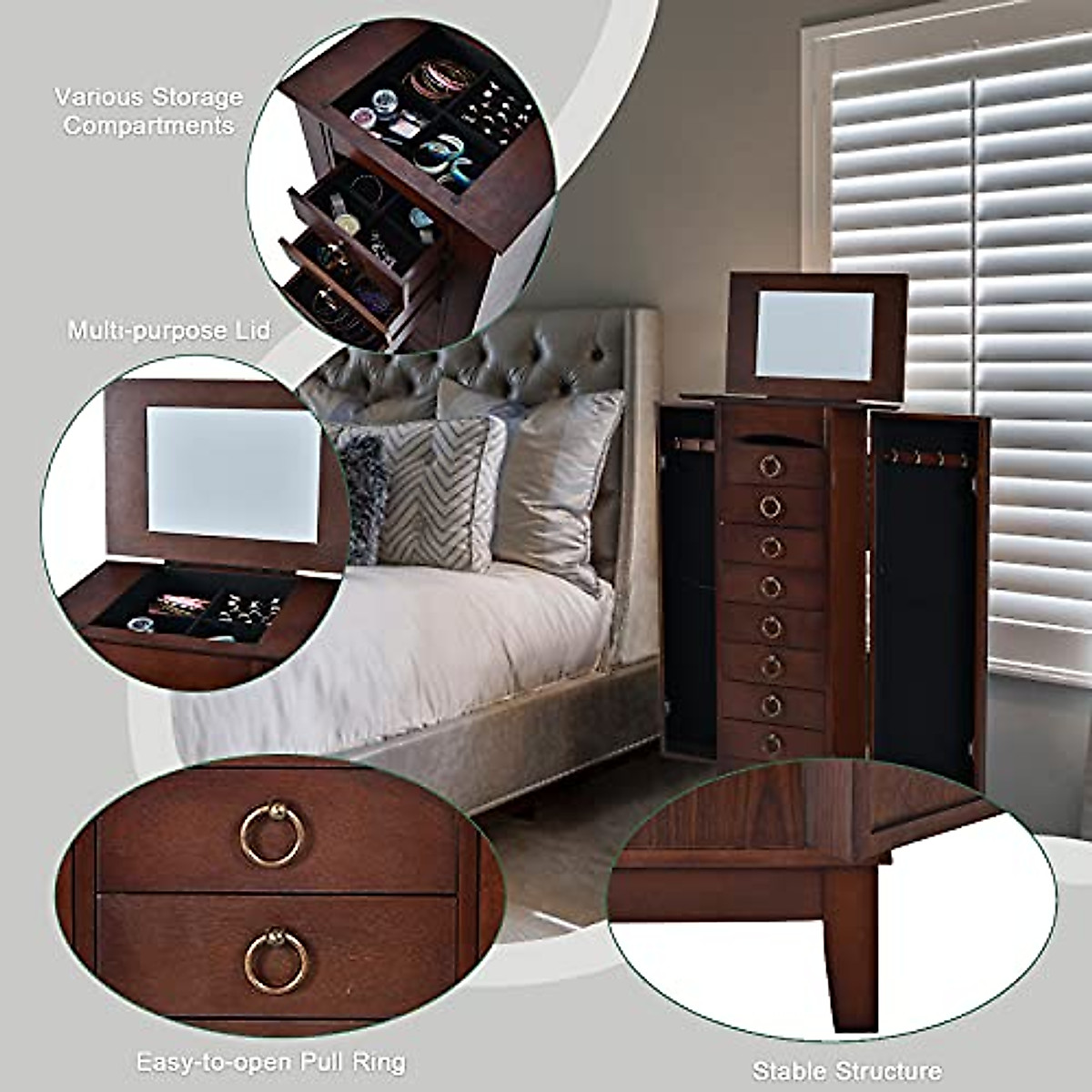 Giantex Jewelry Cabinet with Top Compartment, 9 Drawers & 2 Side Doors, Wooden Jewelry Armoire Storage Chest Stand with Flip Top Mirror, Necklace Hooks, Bedroom Armoire with Large Storage, Walnut