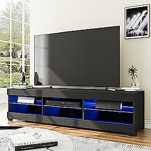 HOMMPA LED TV Stand with LED Lights for 65 inch TV Modern Entertainment Center with Storage 57" Black TV Console with Glass Shelves for Living Room 15" Tall