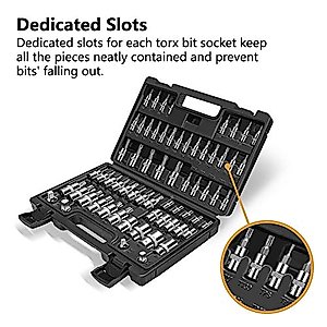 MulWark 64-Piece Master-Torx-Automotive-Mechanics-Tool | 3/8, 1/4, 1/2 in. Drive Torx Bit Socket and External Torx Socket Set w./ Impact Adapter and Reducer | S2 and Cr-V Steel