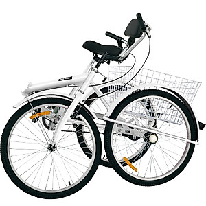Bkisy Tricycle Adult 24'' Wheels Adult Tricycle 1-Speed 3 Wheel Bikes White for Adults Three Wheel Bike for Adults Adult Trike Adult Folding Tricycle Foldable 3 Wheel Bike for Adults (White)