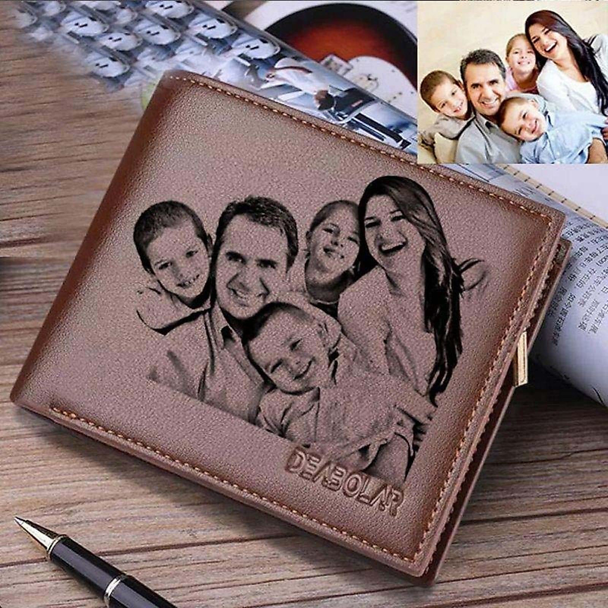 Drawelry Custom Photo Wallet for Men, Gift for Father's Day Personalized Engraved Name Mens Leather Wallets for Dad Husband Boyfriend Son