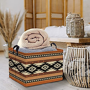Clastyle Rectangle Brown National Geometric Storage Baskets Collapsible Waterproof Ethnic Style Clothes Storage Bin for Bedroom, 15.7 * 11.8 * 11.8 in