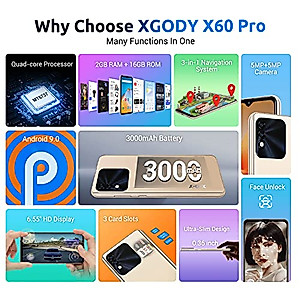 Xgody X60 Pro 4G Unlocked Phones, 6.6'’ QHD Waterdrop Screen Dual Sim Unlocked Cell Phones, Quad-core 2GB+16GB Smartphones, 3000mAh Battery, Face Unlock, Camera 5MP+5MP Cheap Android Phone (Gold)