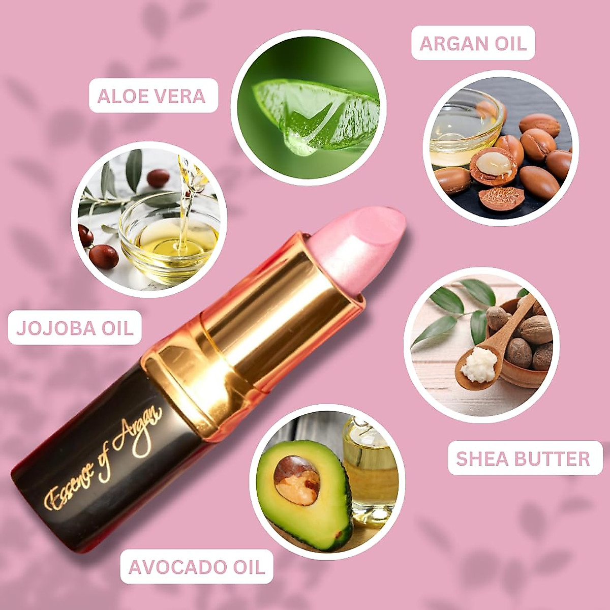 Essence Of Argan Deep Moisturizing Long Lasting Lipstick & Lip Care with 100% Pure Organic Argan Oil, Shea Butter, Jojoba Oil & Aloe Vera Pink Luster