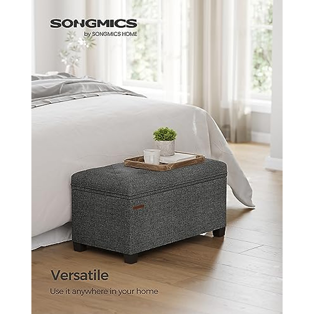 SONGMICS Storage Ottoman Bench, Foot Rest with Legs, 15.7 x 30 x 15.7 Inches, End of Bed Bench, Storage Chest, Load up to 660 lb, for Living Room, Bedroom, Entryway, Dark Grey ULSF068G01