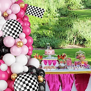FunHot Pink Race Car Balloon Arch Garland Kit, Hot Pink Black Balloons Arch with Black and White Plaid Foil Balloons for Kids Girls Racing Car Theme Birthday Baby Shower Party Decorations