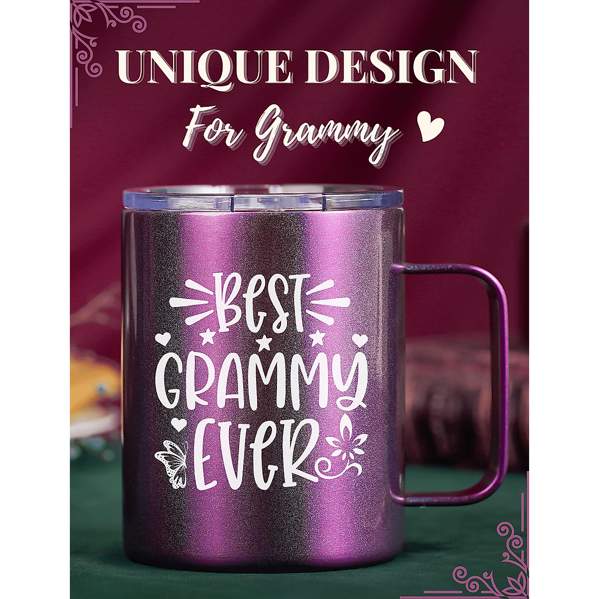 Onebttl Grandma Christmas Gifts, Insulated Stainless Steel Coffee Mug with Lid and Handle, Birthday, Mother's Day gifts, Shimmering Purple, (12 oz) Best Grammy Ever, Grammy gifts