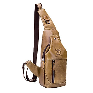 BULLKNIGHT Genuine Leather mens Chest Bag Casual Crossbody Bag Shoulder Sling Bag Travel Hiking Backpack HBK-XB019 (BROWN#2)