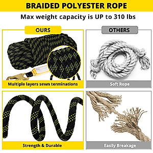 TRSMIMA Rope Harness Safety Lanyard：50ft Vertical Roofing Rope With Grab Snap Hooks Shock Absorber - Fall Protection Tree Climbing Line Kit Heavy Duty Roof Safety Equipment ANSI CE