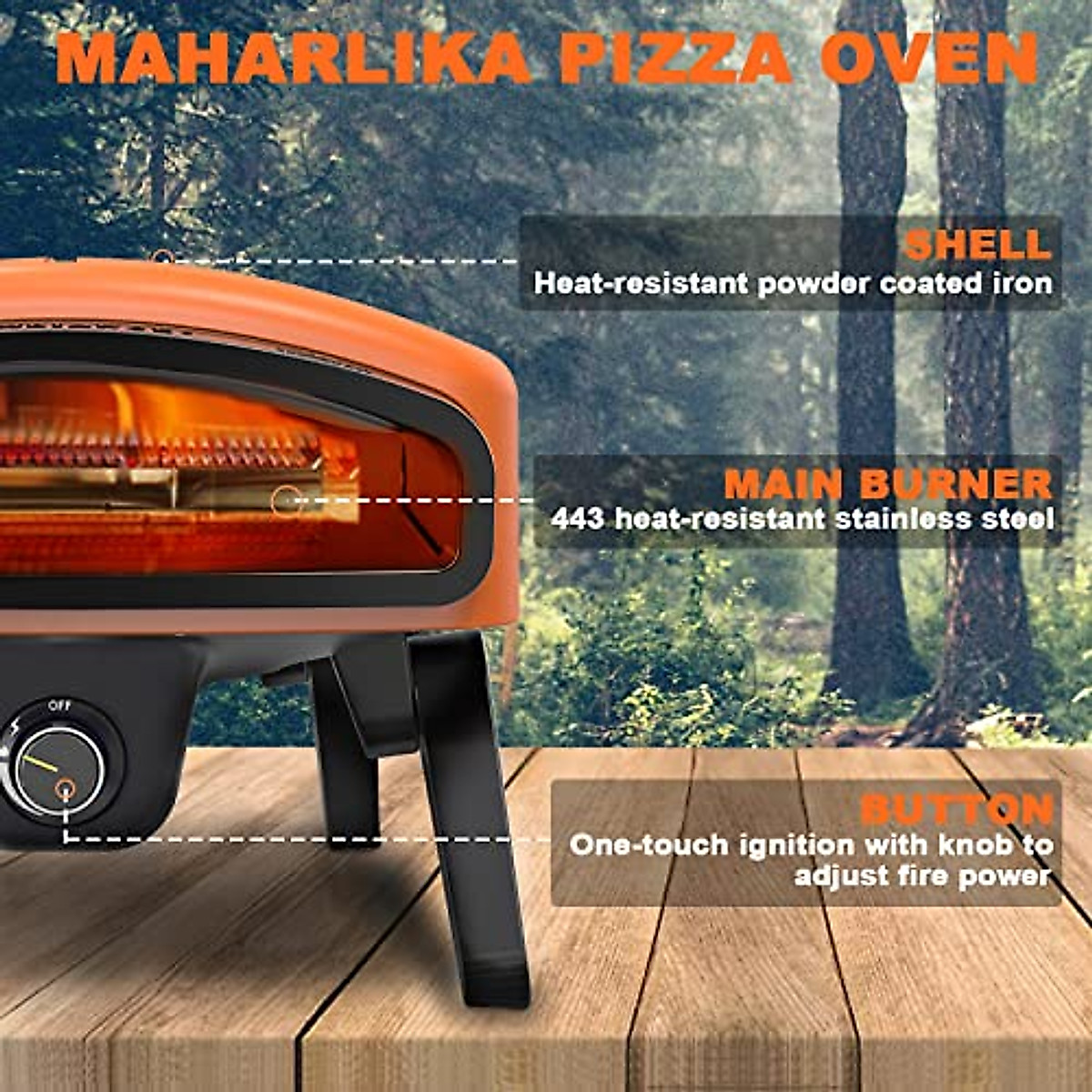 Maharlika Gas Pizza Oven Outdoor 14" Pizza Oven with Built-In Thermometer, Portable Propane Pizza Oven Stainless Steel with Pizza Peel, Stone, Griddle, Recipe & Carrying Bag for Outdoor Kitchen-Orange