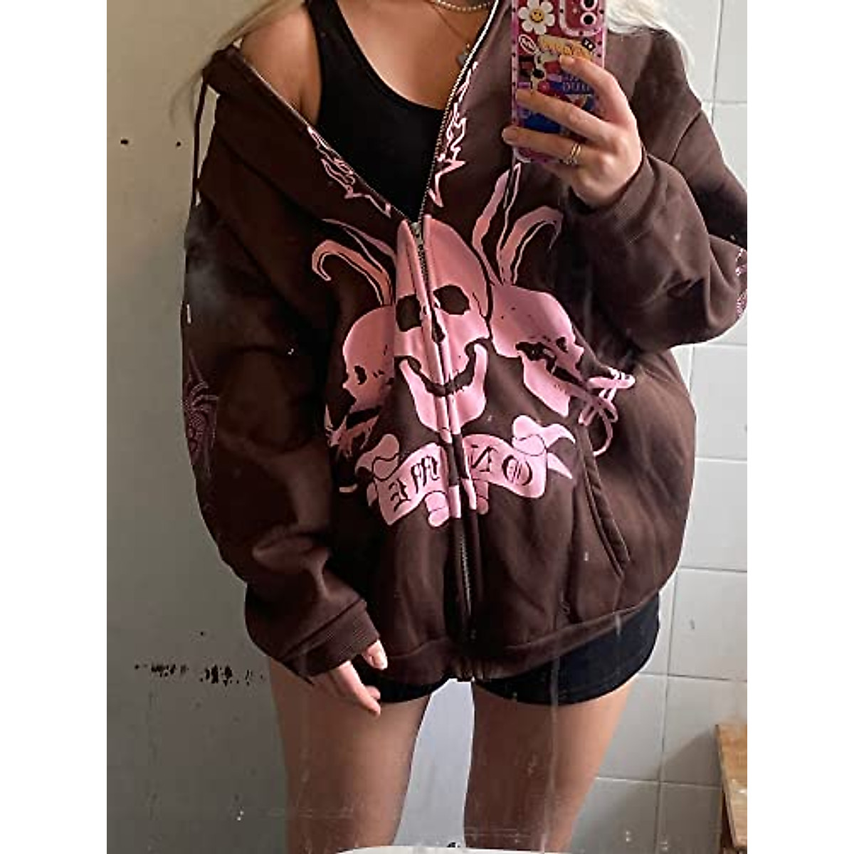 PLAYPUNK Women Rhinestone Oversized Zip Up Hoodie Y2k Skeleton Spider Skull Print Vintage Hoodies 90s Pullover Grunge Jacket Brown