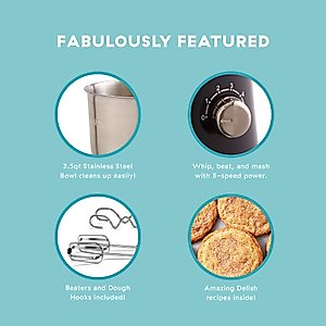 DASH Delish by DASH Compact Stand Mixer, 3.5 Quart with Beaters & Dough Hooks Included - Black